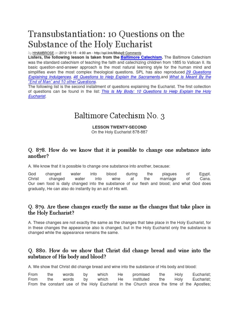 10 Questions on the Substance of the Holy Eucharist | PDF | Eucharist ...