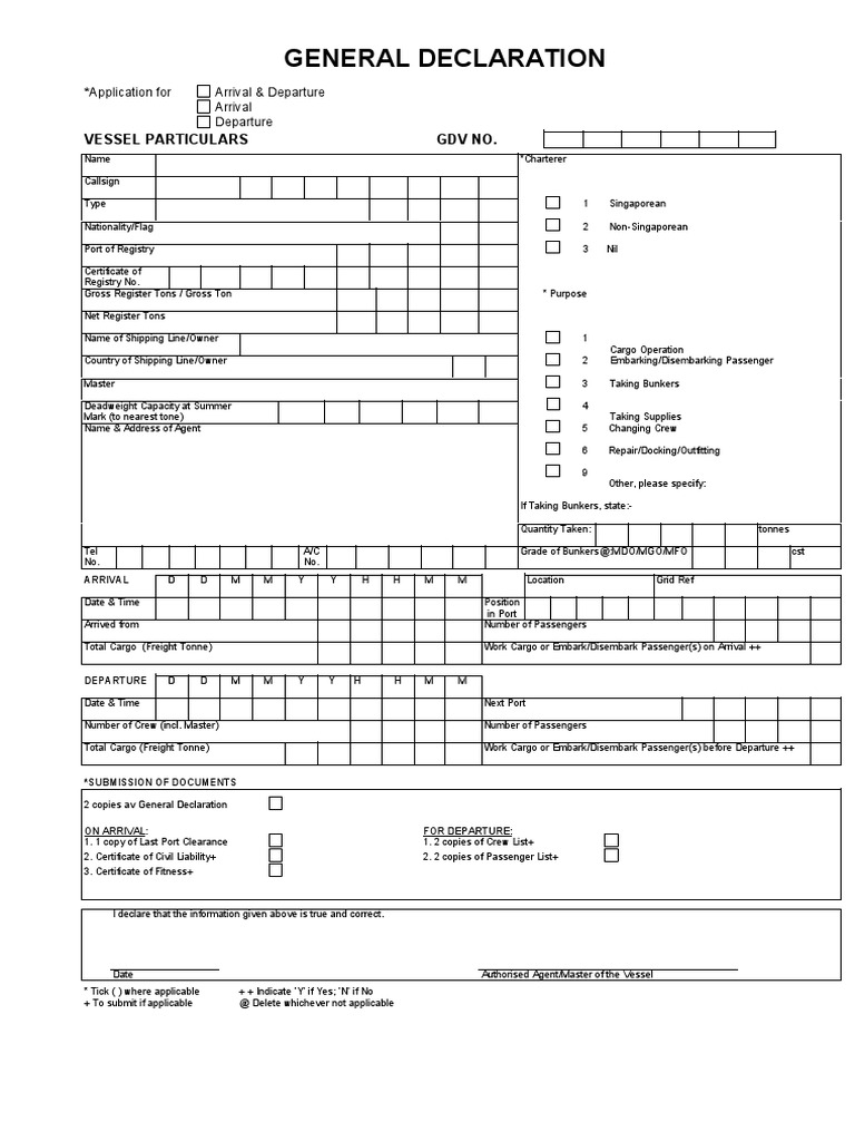 General Declaration: Vessel Particulars GDV No | PDF | Tonnage | Logistics