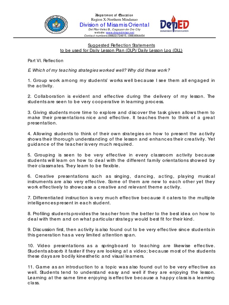 Reflection Statements for Daily Lesson Log 3 | Differentiated ...