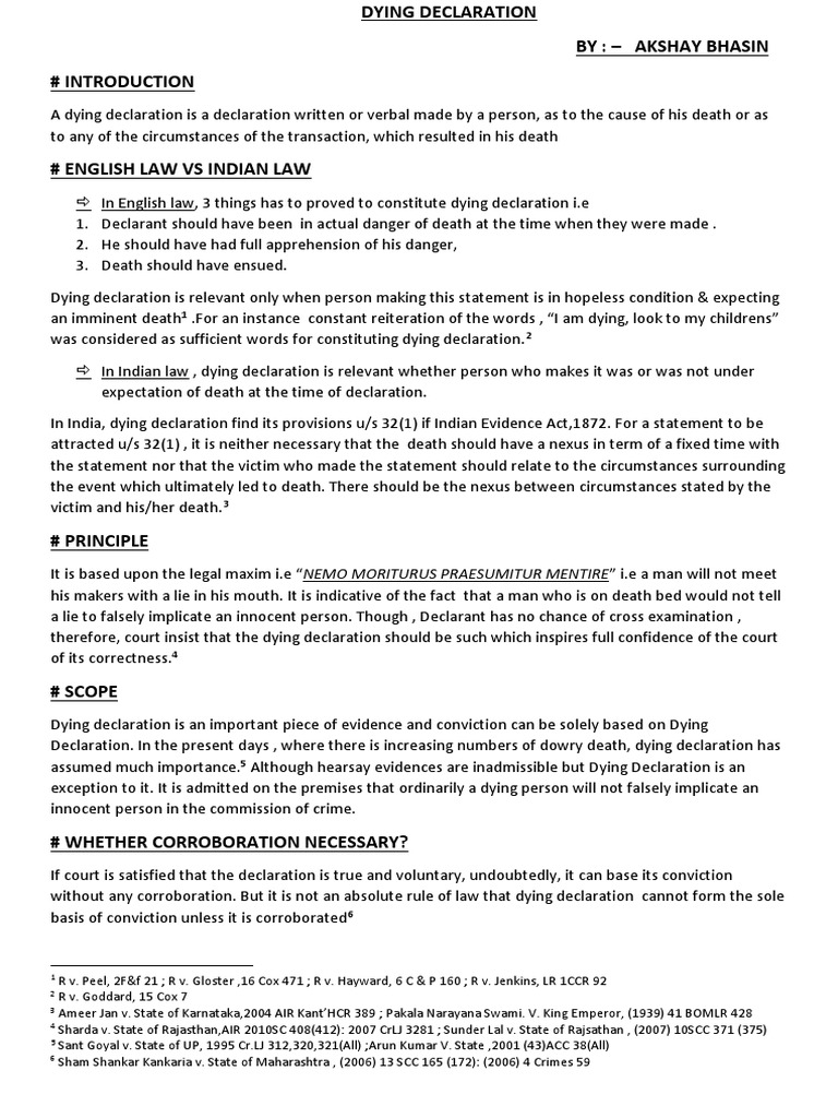 Dying Declaration - Evidence Law | PDF | Evidence | Testimony