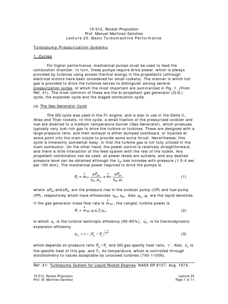 Lecture 25 Basic Turbomachine Performance Turbopump Pressurization