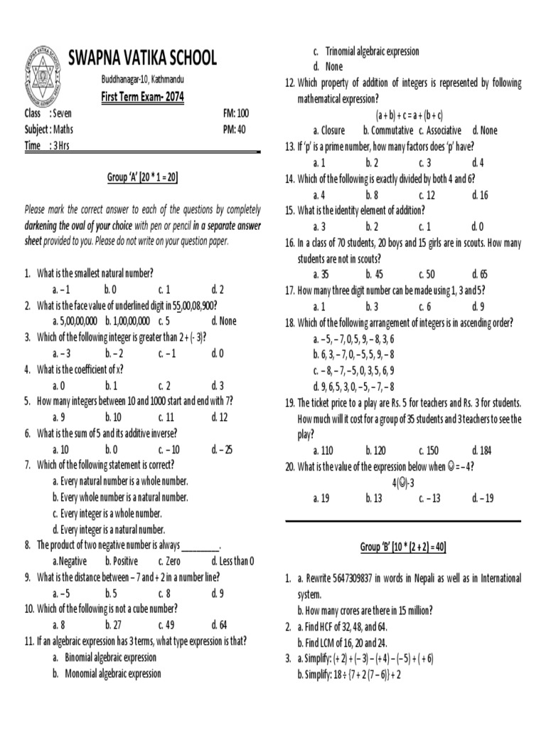 Class 7 First Term Exam | PDF | Integer | Algebra