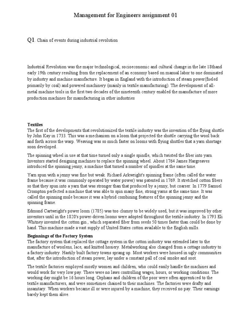 Management For Engineers Assignment 01 | PDF | Spinning (Textiles) | Goal Management For Engineers Assignment 01 | PDF | Spinning (Textiles) | Goal