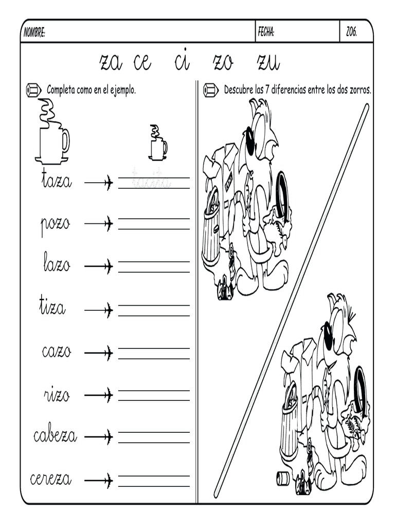 Actividades de lectoescritura: za, ce, ci, zo, zu | PDF | Naturaleza | Ocio
