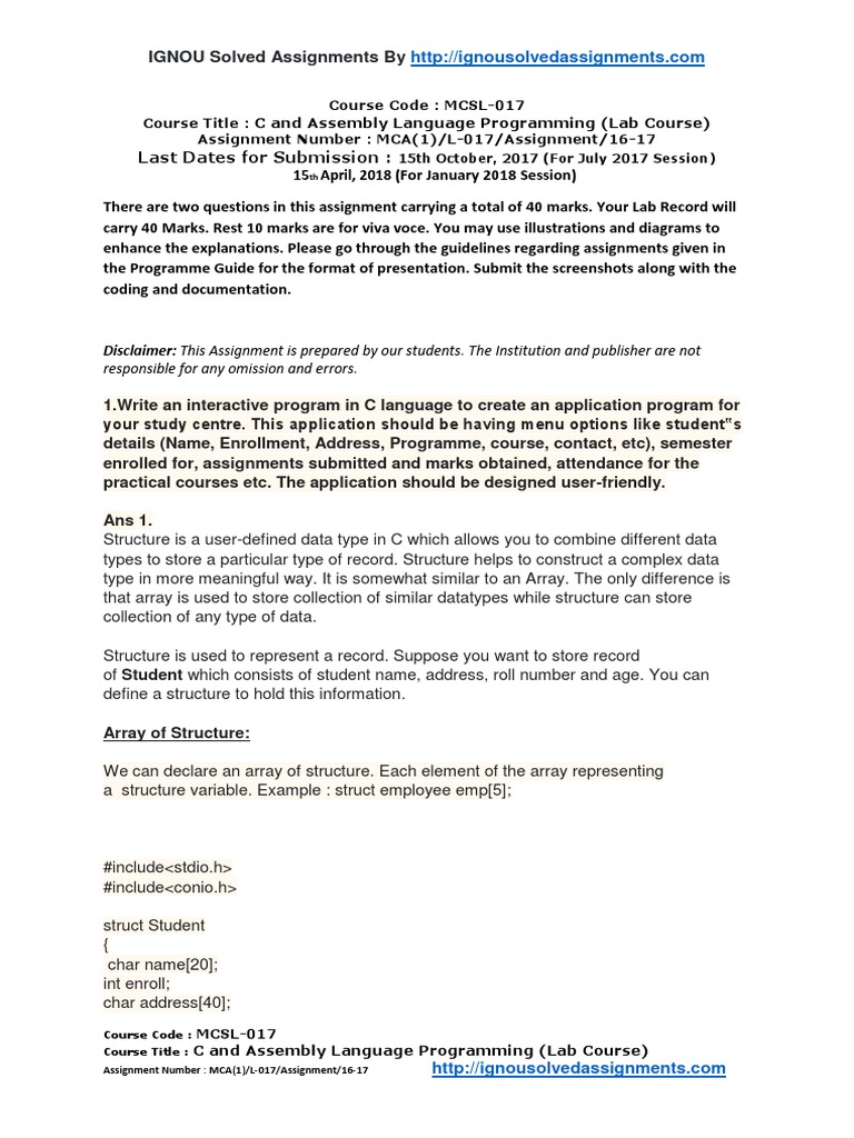 Mcsl 017 C And Assembly Language Programming Lab Pdf String Computer Science C