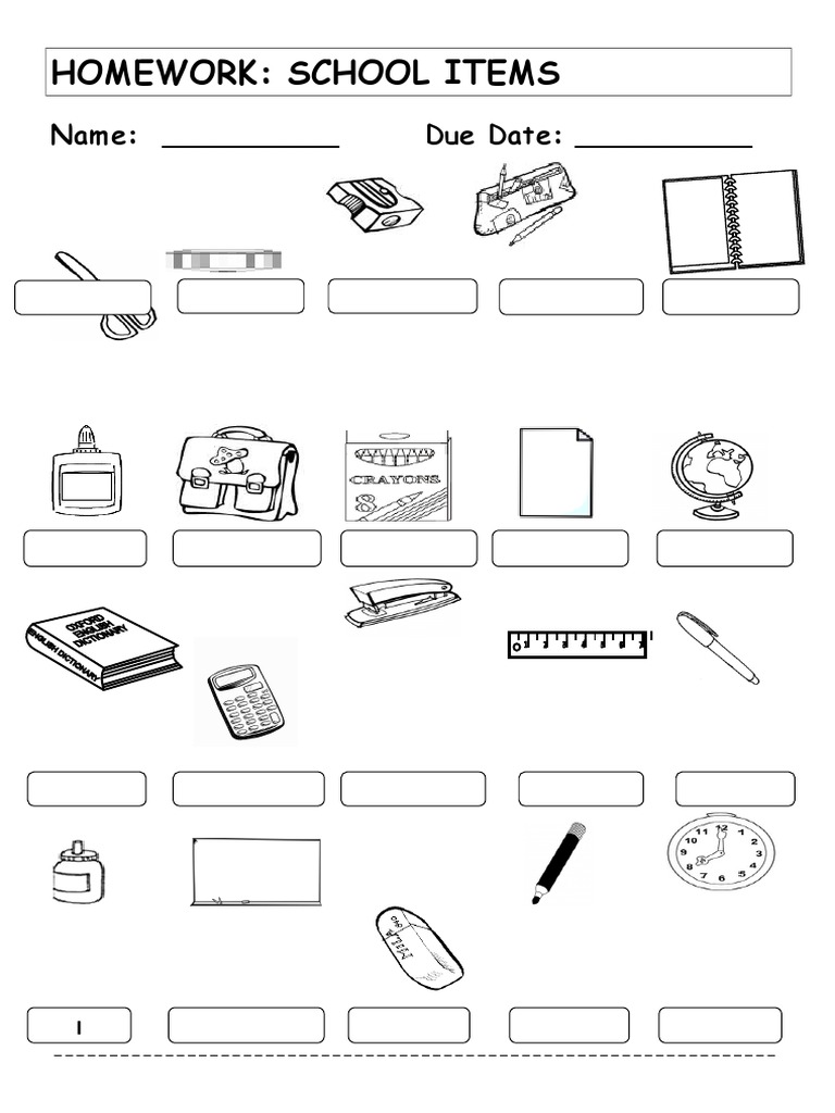 Homework: School Items: Name: - Due Date | PDF