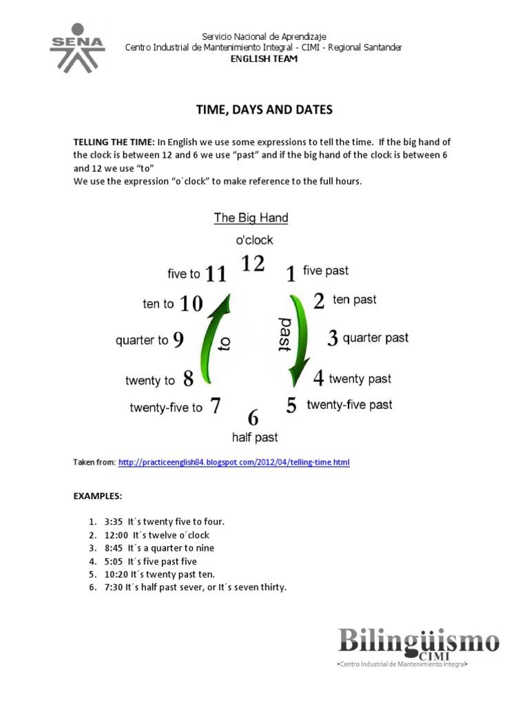 Time, Days and Dates: TELLING THE TIME: in English We Use Some ...