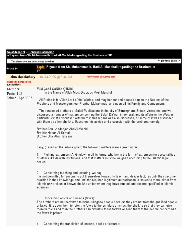 Bayaan From Muhammad Ibn Hadi Al-Madkhali Regarding The Brothers at SP ...