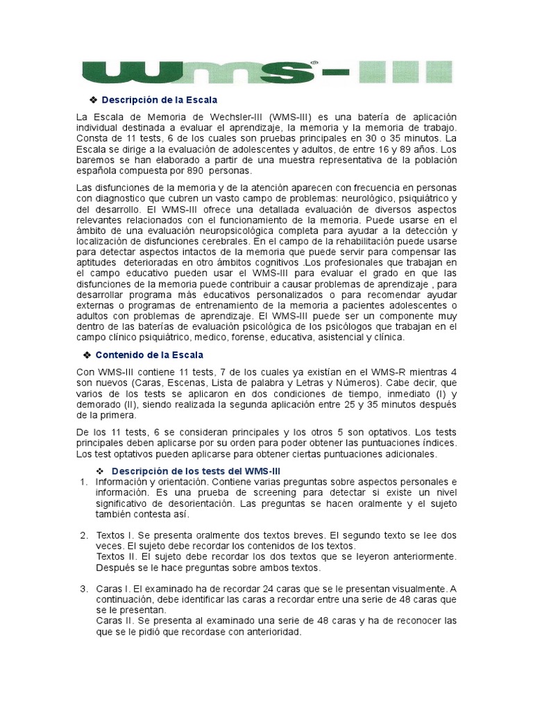Características y estructura de la Escala de Memoria de Wechsler-III (WMS-III) | PDF | Memoria ...