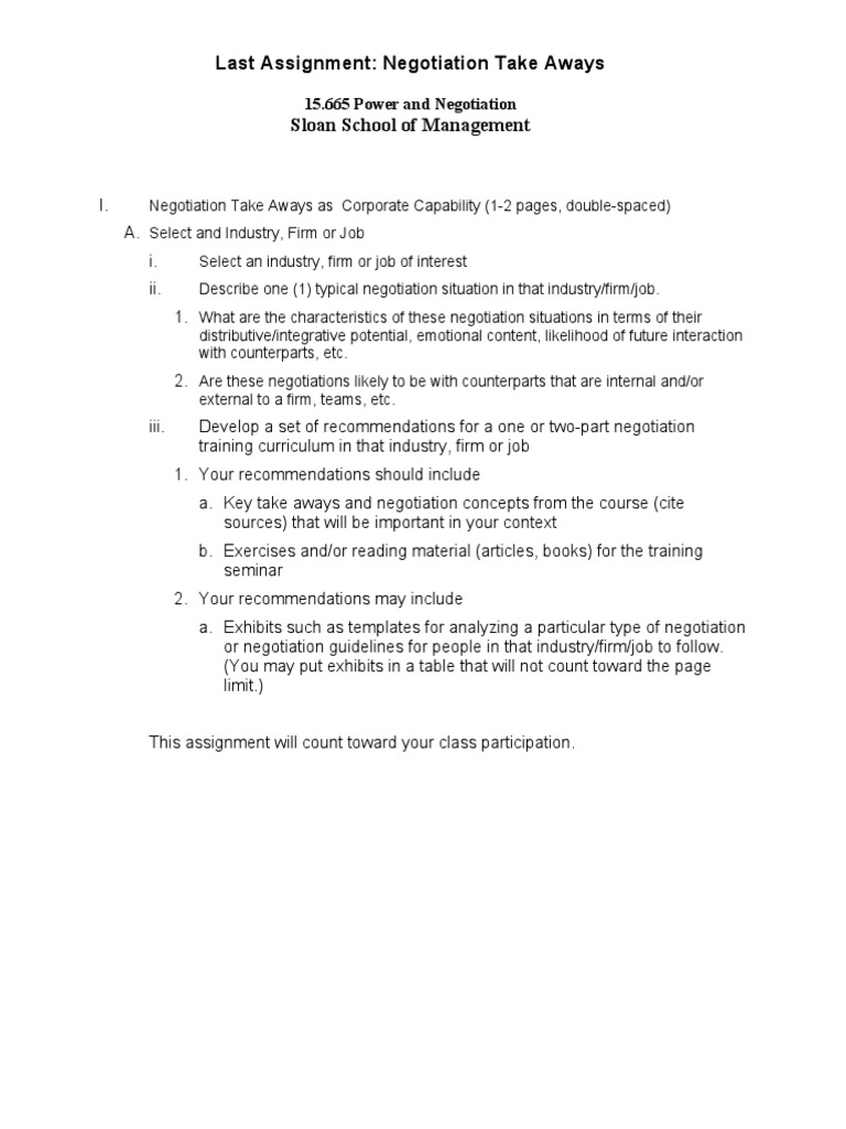 Last Assignment: Negotiation Take Aways Sloan School of Management | PDF
