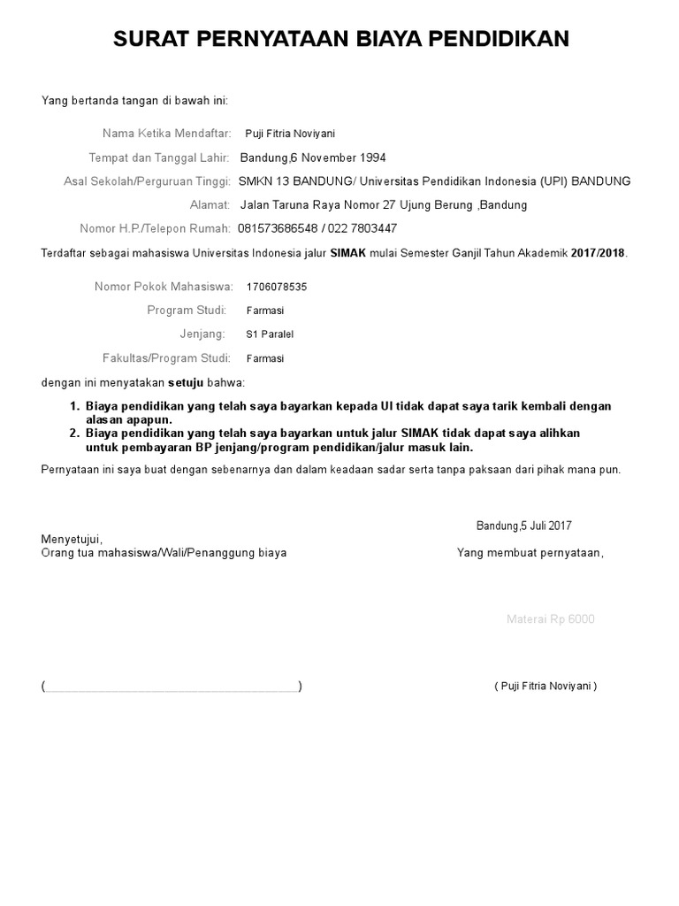 Surat Pernyataan Biaya Pendidikan UI | PDF