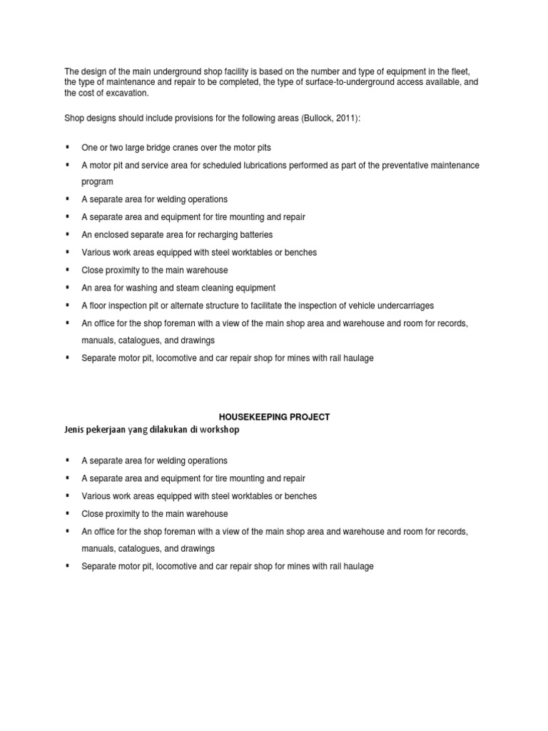 Jenis Pekerjaan Yang Dilakukan Di Workshop: Housekeeping Project | PDF