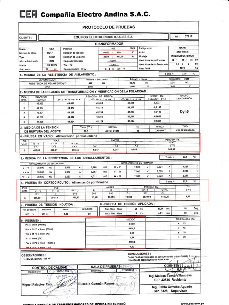 Protocolo Pruebas Transformador 400 KVA | PDF