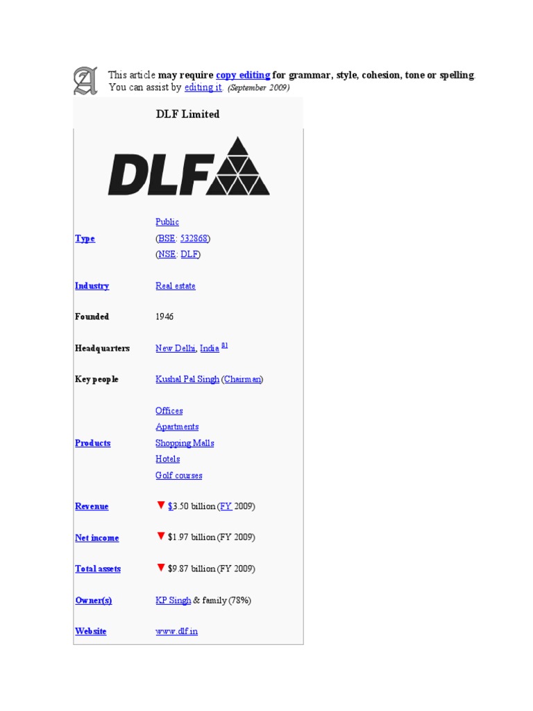DLF Limited: This Article May Require You Can Assist by | PDF ...