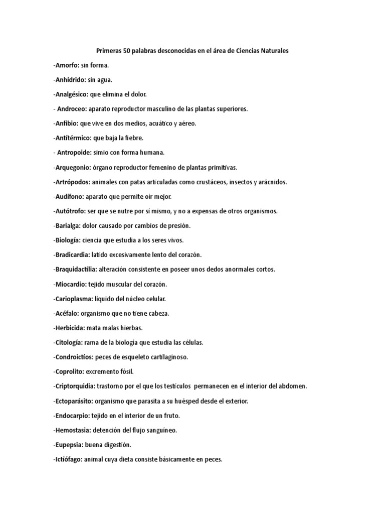Primeras 50 Palabras Desconocidas en El Área de Ciencias Naturales ...