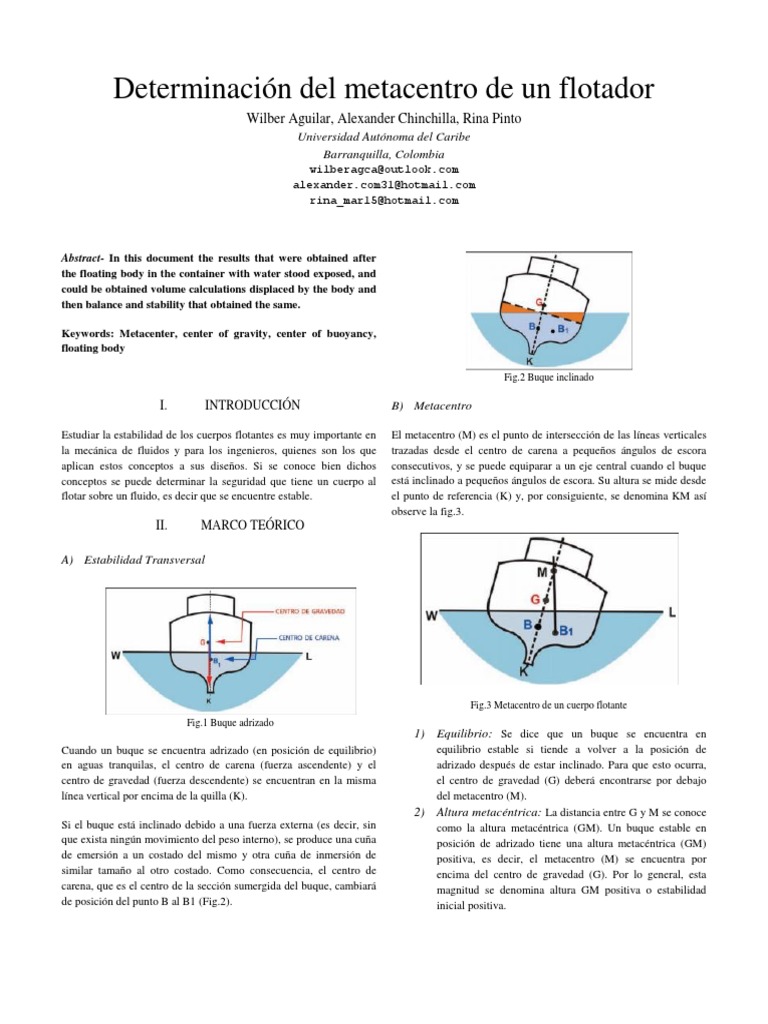 Determinacion Del Metacentro de Un Flotador | PDF | Centro de masa | Buques