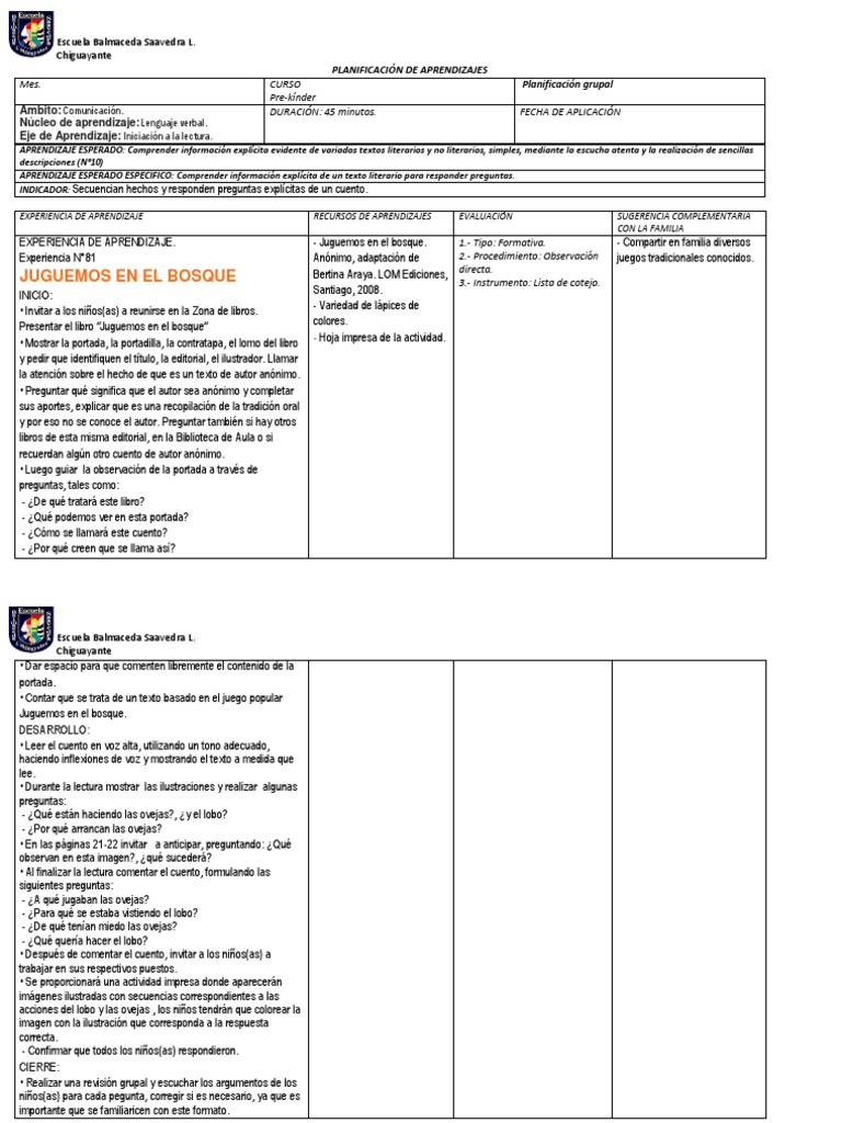 Planificación de Lenguaje Verbal Experiencia de Aprenizaje Pre - Kinder ...
