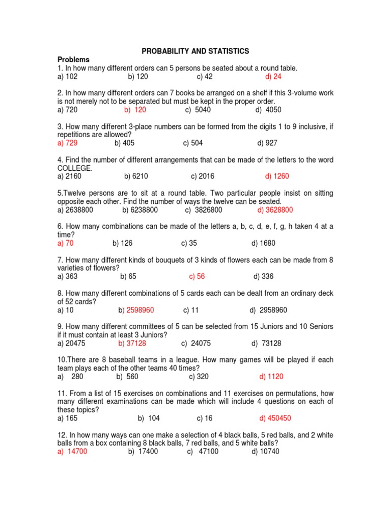 Problems Quiz PROB and STAT CHE With Answer Key | PDF | Playing Cards ...