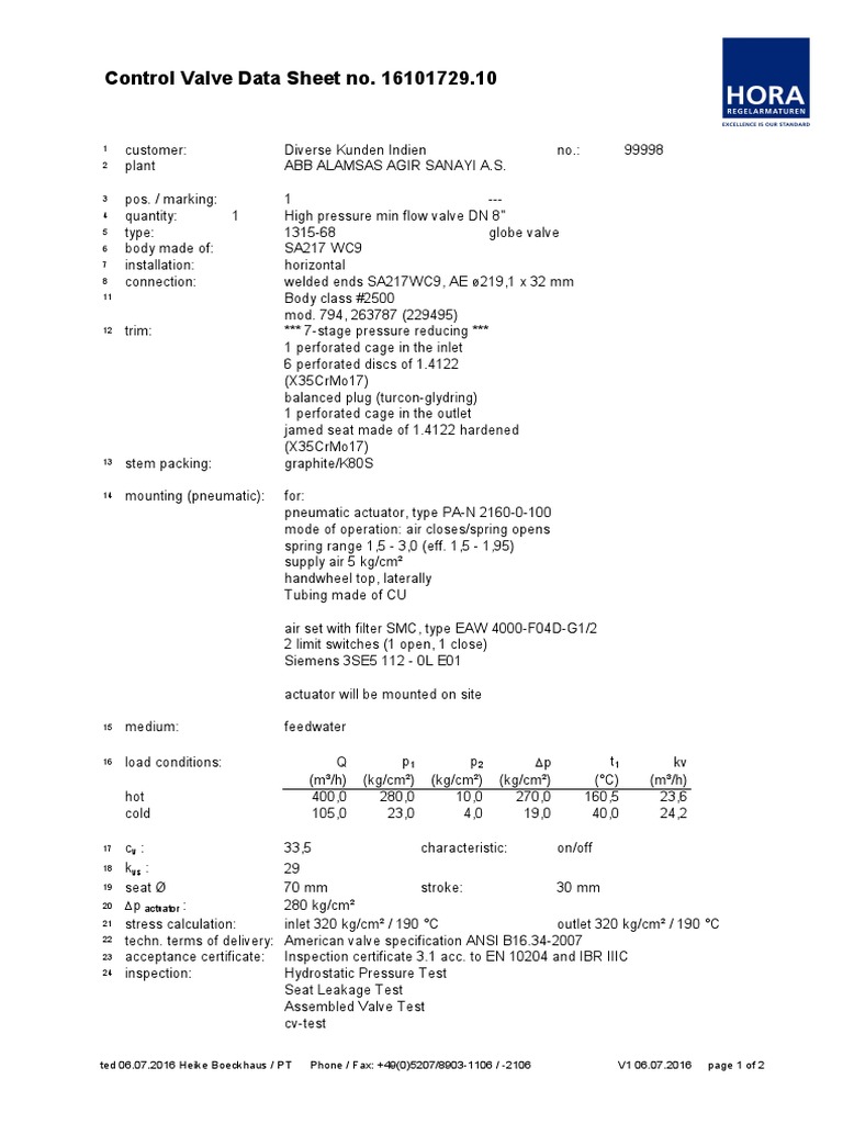 Data - Sheet Hora CV Act Details | PDF | Valve | Machines