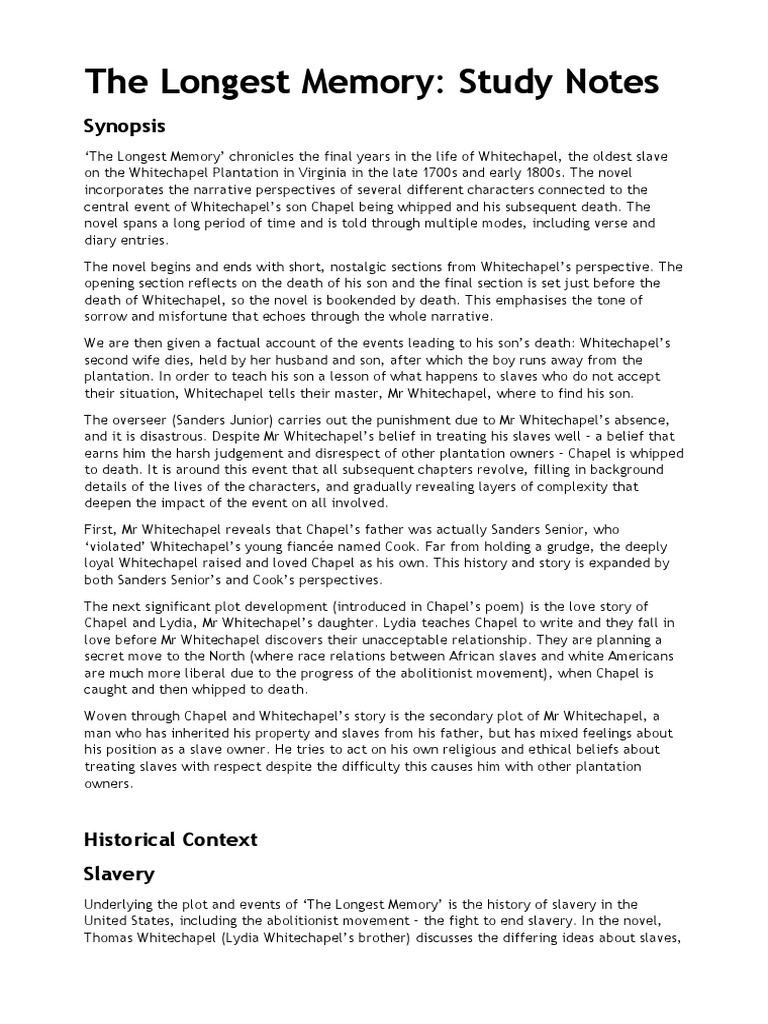 The Longest Memory Study Notes | PDF | Abolitionism In The United ...