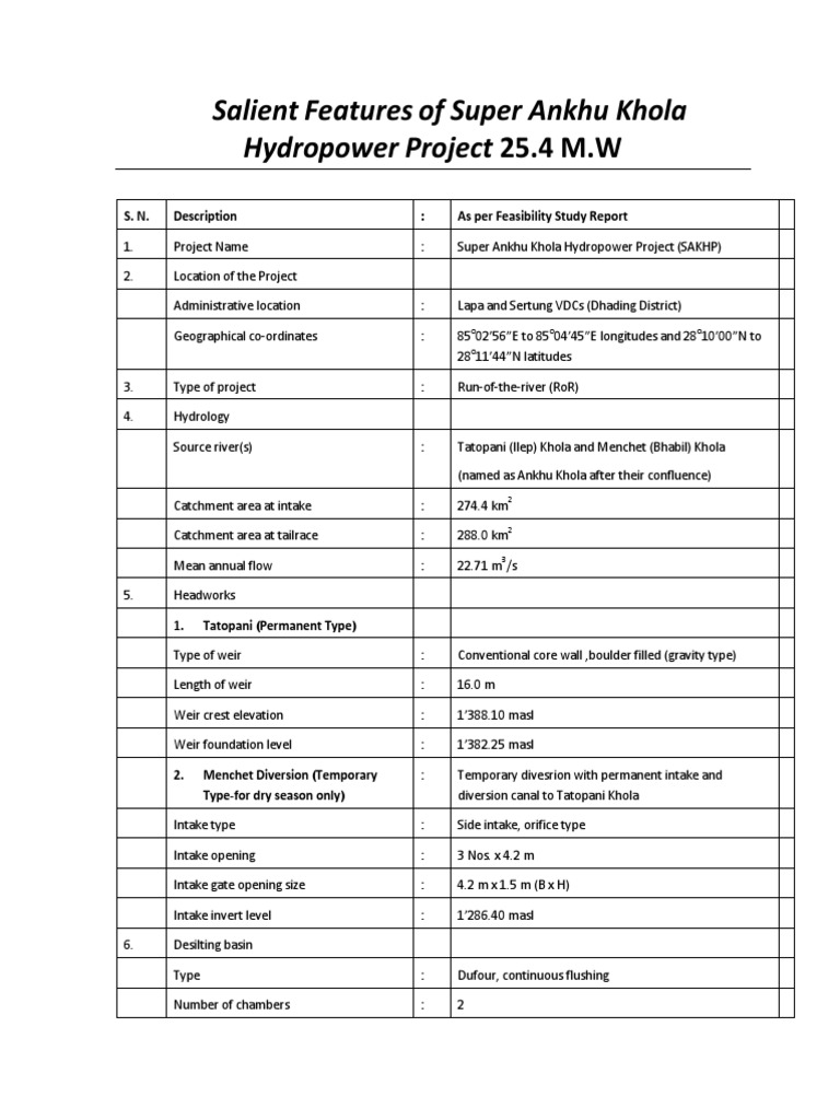 Salient Features of Super Ankhu Khola Hydropower Project | PDF | Turbine | Electric Power ...
