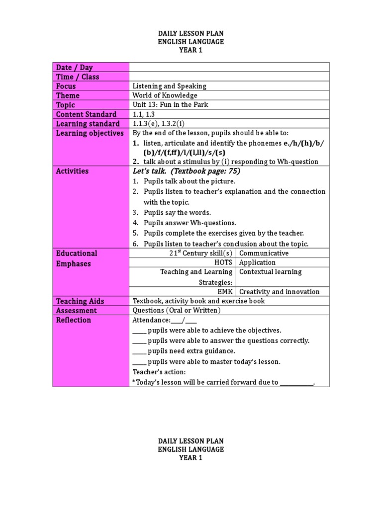 Fun in The Park | PDF | Lesson Plan | Educational Assessment