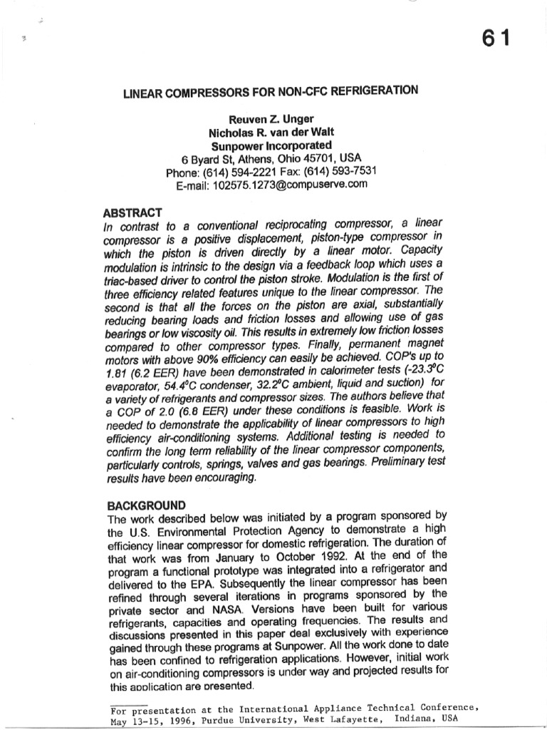 Doc0061 Linear Compressors For Non CFC Refrigeration PDF | PDF