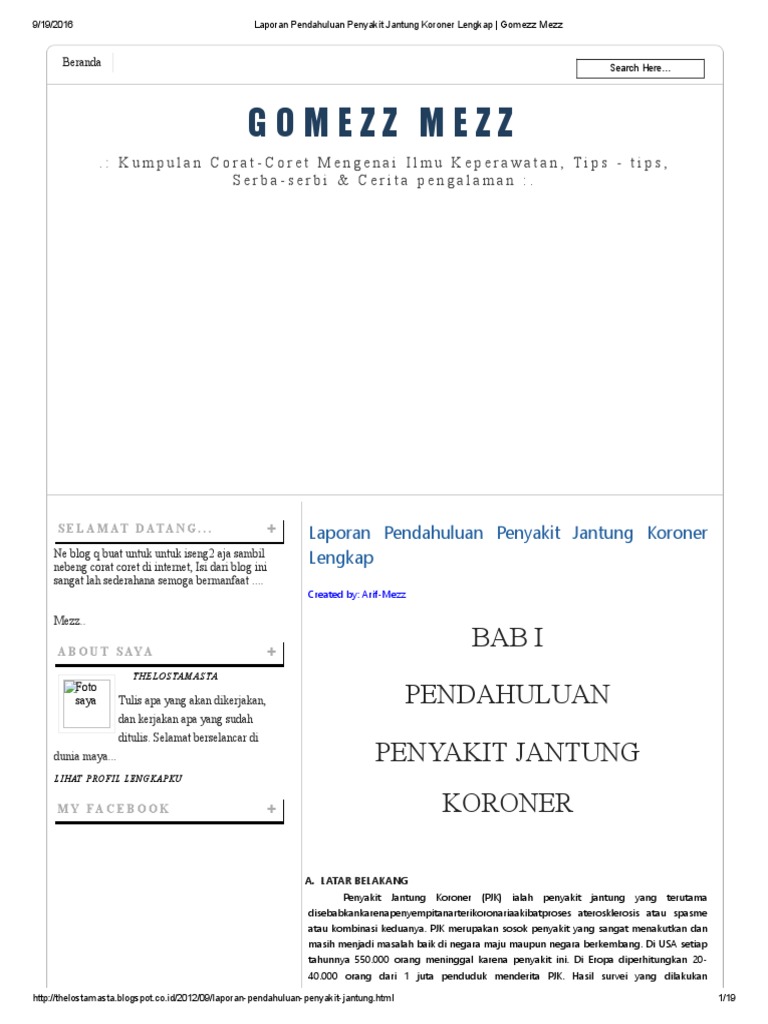 Laporan Pendahuluan Penyakit Jantung Koroner Lengkap Gomezz Mezz | PDF