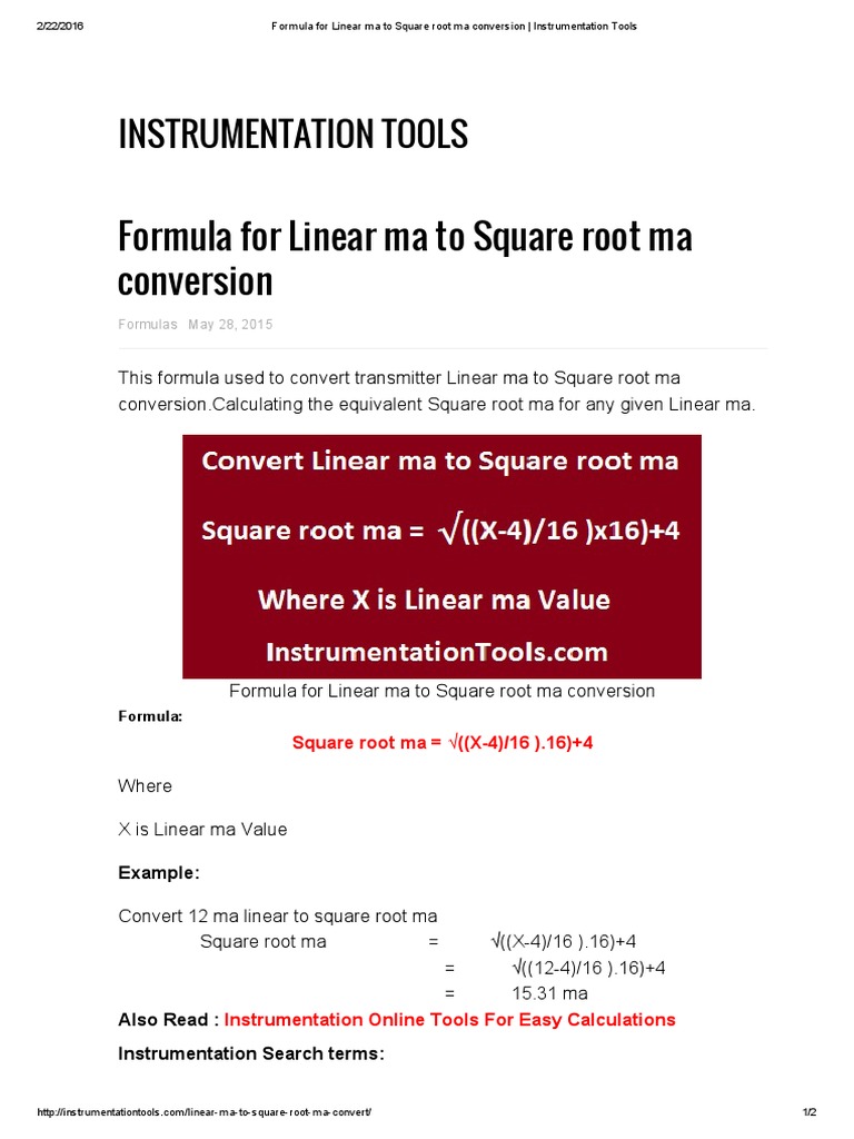 Formula for Linear Ma to Square Root Ma Conversion