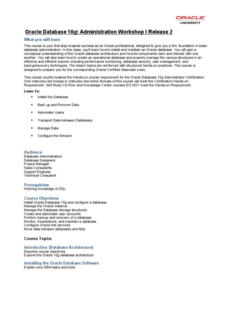 Oracle Database 10 G: Administration Workshop I Release 2: What You Will Learn | Download Free ...