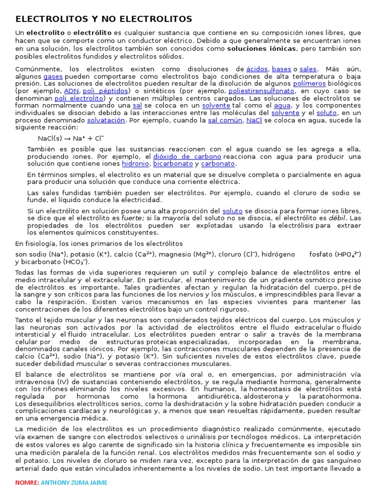 Electrolitos y No Electrolitos | PDF | Electrólito | Química