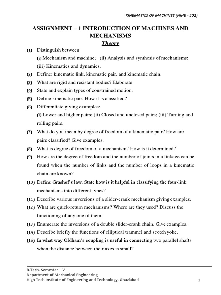 Kinematics of Machines - Assignment | Download Free PDF | Gear ...