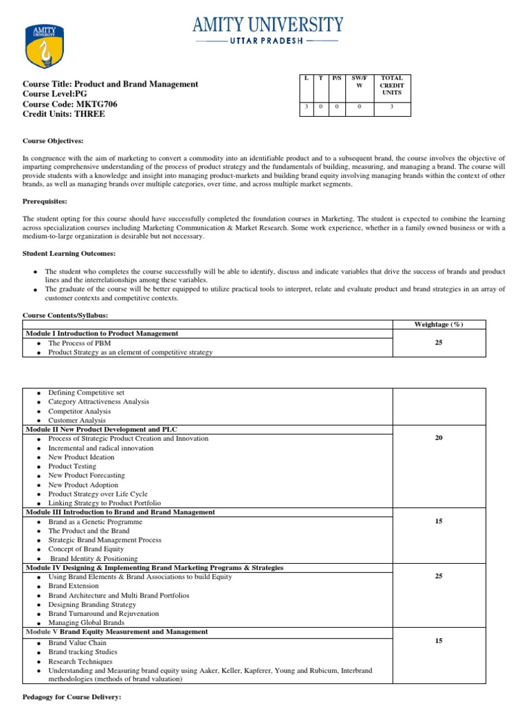 Product and Brand Management Syllabus | PDF | Strategic Management | Brand
