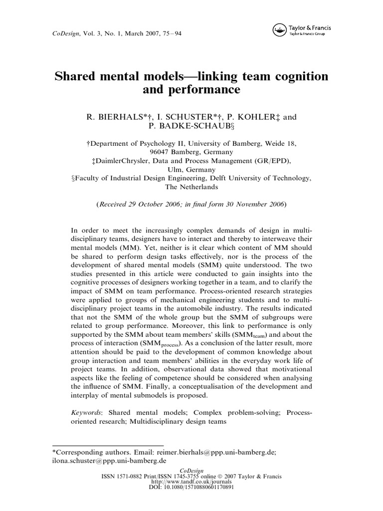 Shared Mental Models-Linking Team Cognition and Performance | PDF ...
