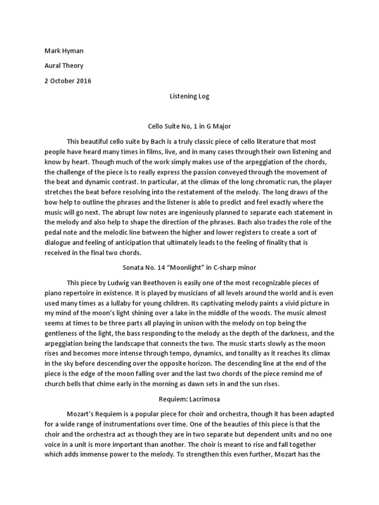Listening Log #1 | PDF | Choir | Cello
