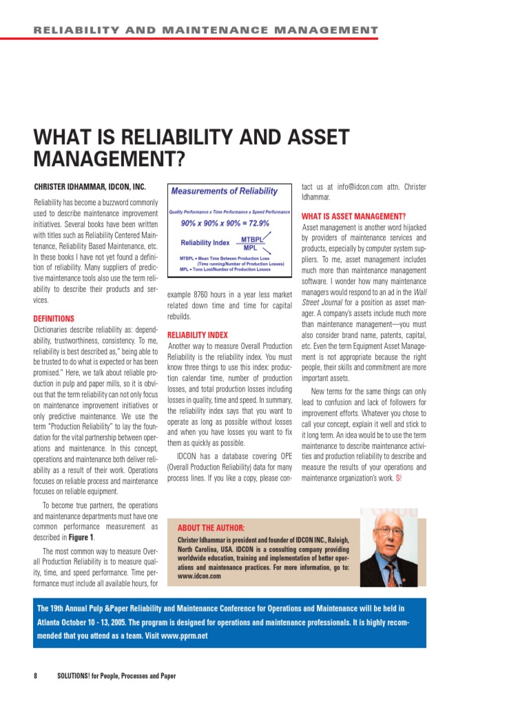Defining Reliability and Asset Management: A Call for Common Performance Metrics Between ...