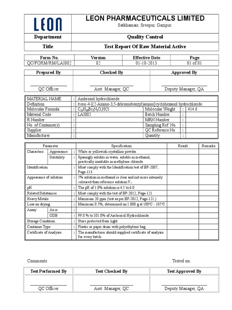 Ambroxol Hydrochloride Test Report | PDF | Solubility | Chemical Substances