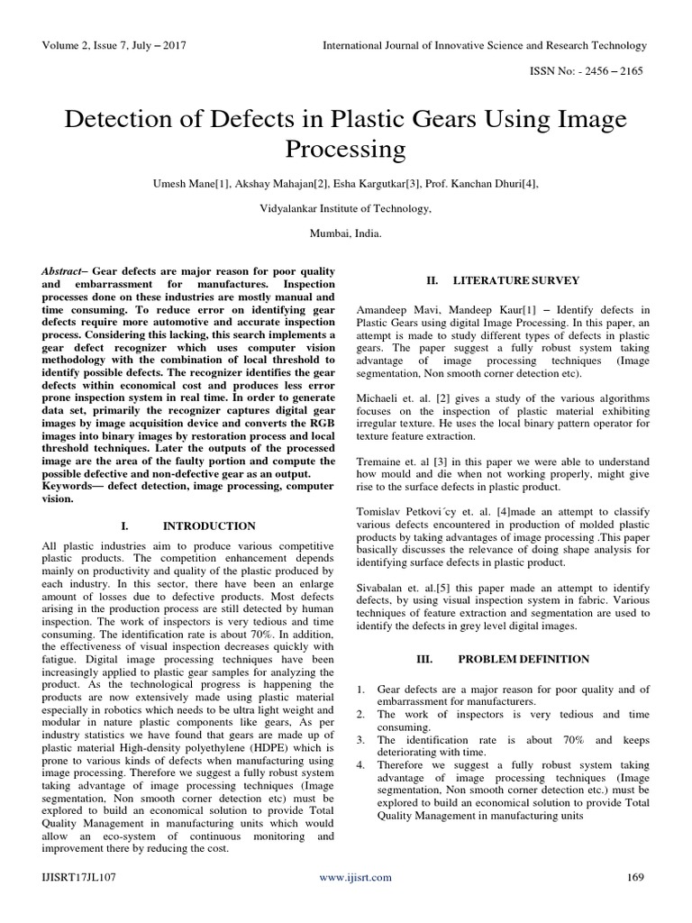 Detection Of Defects In Plastic Gears Using Image Processing Pdf Image Segmentation Gear