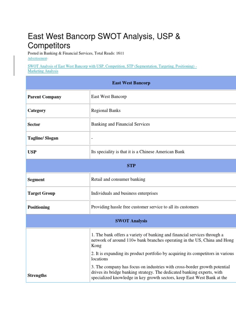 East West Bancorp SWOT Analysis | PDF | Competition | Banks