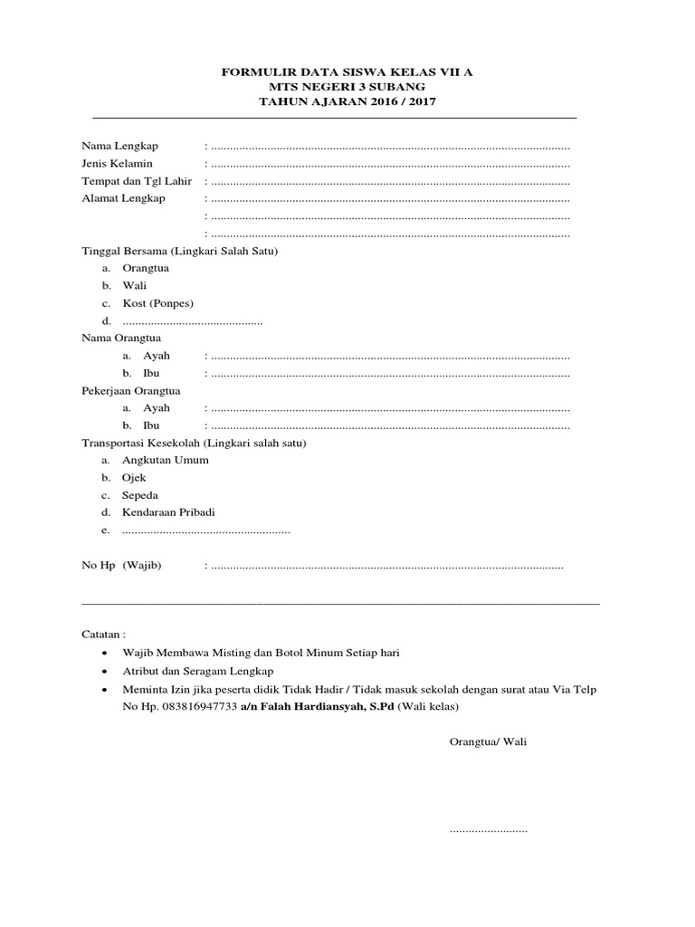 Formulir Data Siswa Kelas Vii A | PDF
