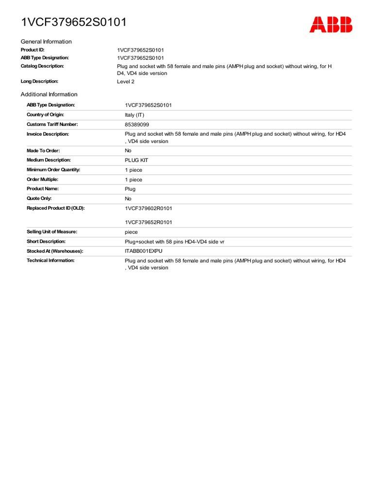 1VCF379652S0101 Plug and Socket With 58 Female and Male Pins Amph Plug ...