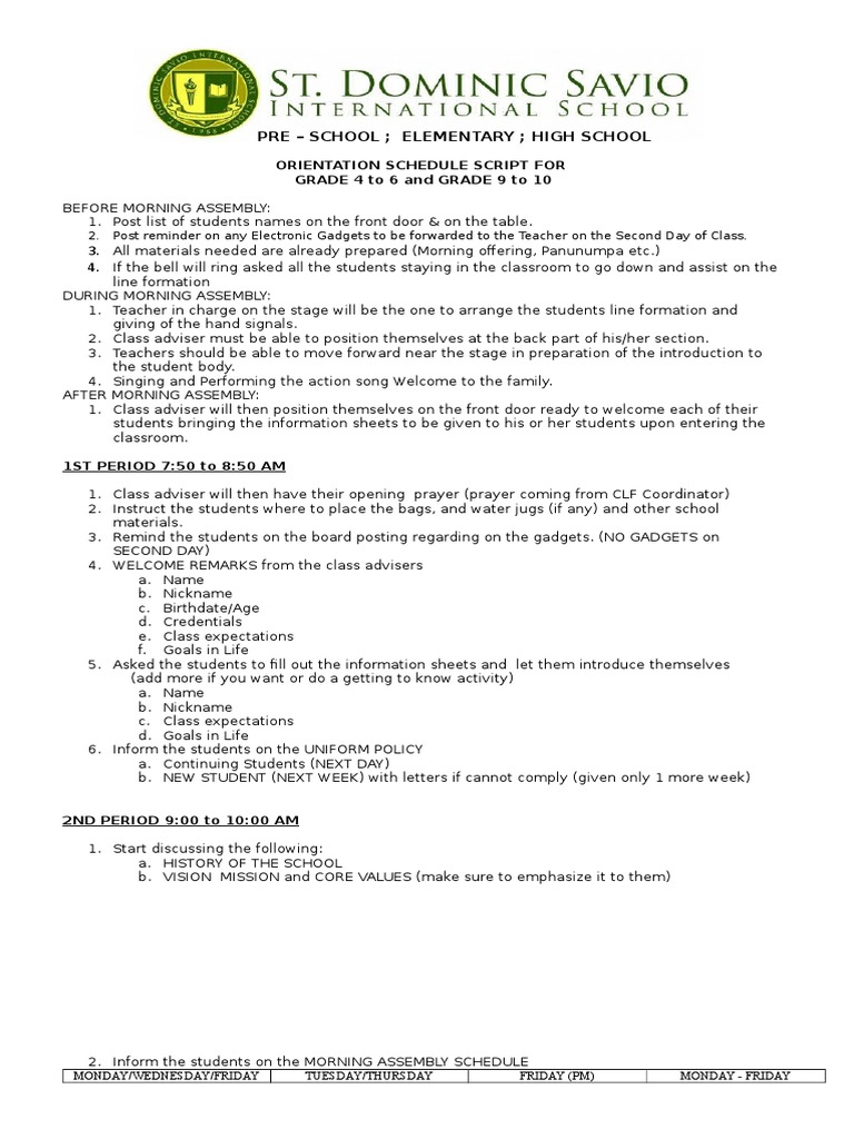 Orientation Script 4-6 9-10 | Classroom | Teachers