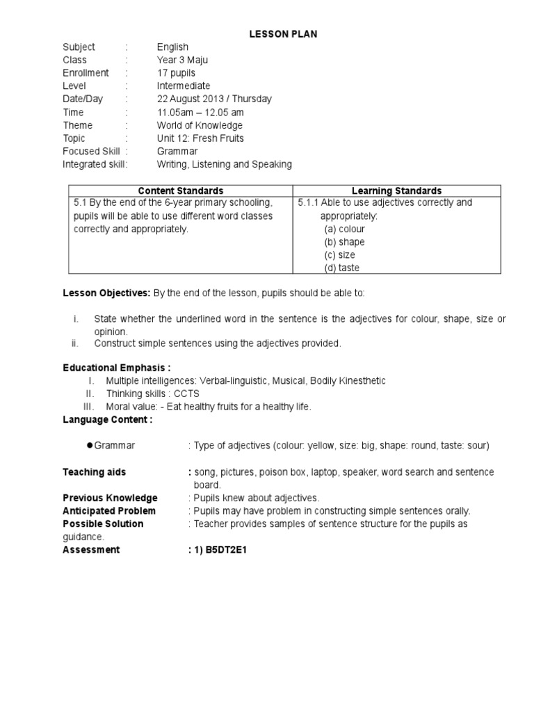 Adjectives Year 3 | PDF | Lesson Plan | Semiotics