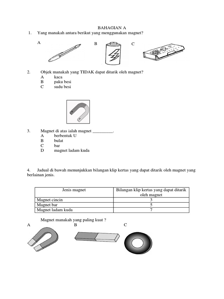 Soalan Sains Tahun 3 Magnet | PDF