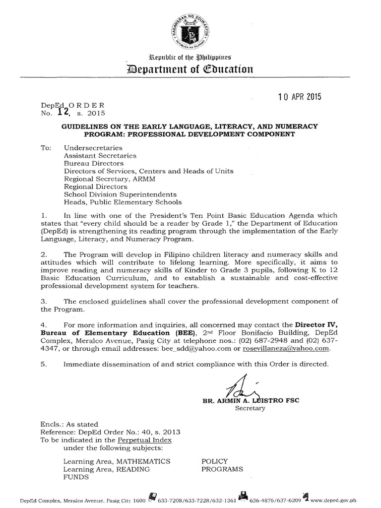 DepED Order No. 12, s. 2015 (Guidelines on the Early Language, Literacy ...