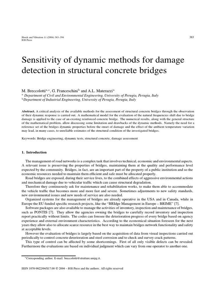 Sensitivity of Dynamic Methods For Damage Detection in Structural ...