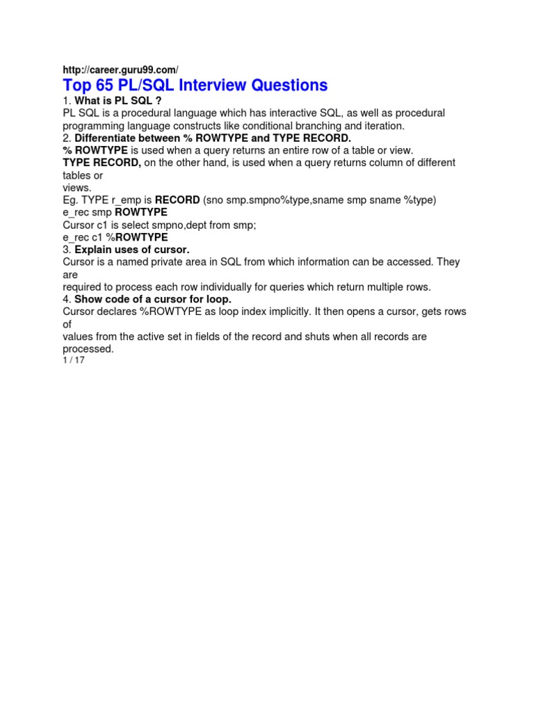 Top 65 PL/SQL Interview Questions | PDF