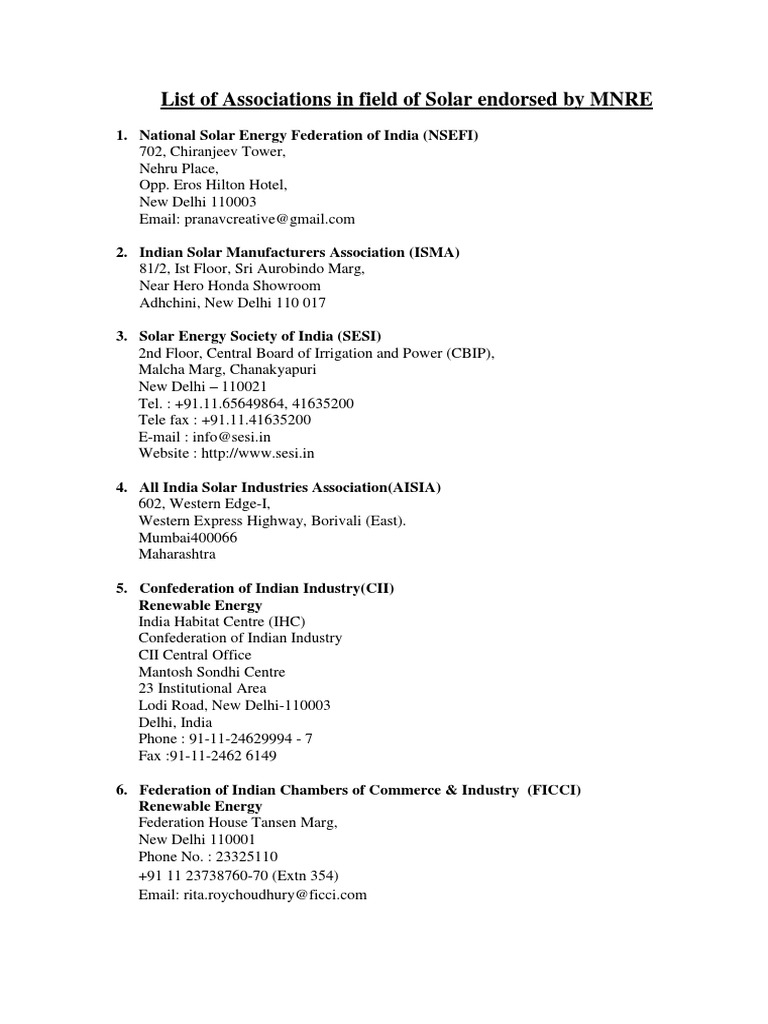List of Associations in Field of Solar Endorsed by MNRE | PDF ...