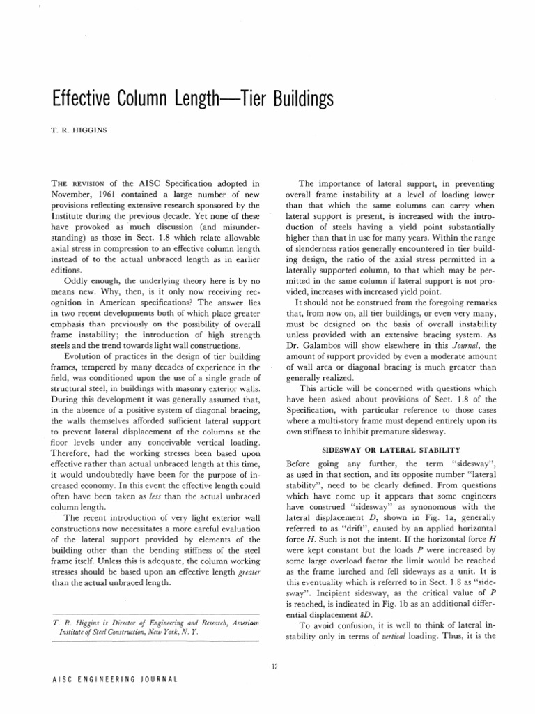 Effective Column Length-Tier Buildings: T. R. Higgins | PDF | Bending ...