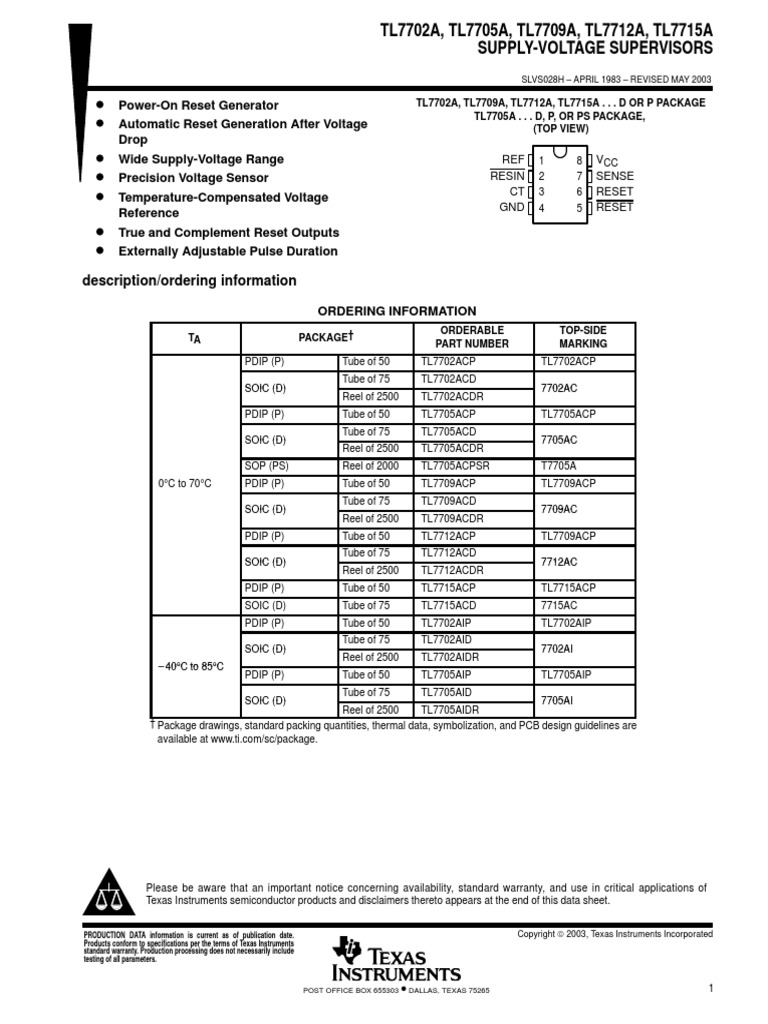 D D D D D D D: TL7702A, TL7705A, TL7709A, TL7712A, TL7715A Supply-Voltage Supervisors | PDF ...